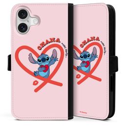 DeinDesign iPhone 16 Plus Handy Klapph&uuml;lle Handyh&uuml;lle aus Kunst Leder schwarz Flip Case Heart Lilo & Stitch Disney Sideflip mit Lasche