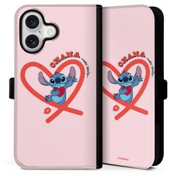 DeinDesign iPhone 16 Handy Klapph&uuml;lle Handyh&uuml;lle aus Kunst Leder schwarz Flip Case Heart Lilo & Stitch Disney Sideflip mit Lasche