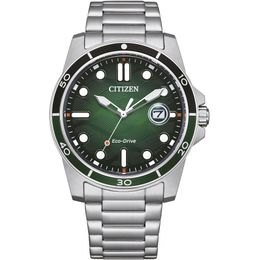 Solaruhr Citizen, silber (silberfarben, dunkelgrün), Armbanduhren, Herren, Armbanduhr, Herrenuhr, Edelstahlarmband, bis 10 bar wasserdicht, Datum