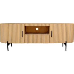 TV-Board Sit, beige (natur, schwarz), B:160cm H:60cm T:45cm, Massivholz, Metall, Sideboards, Lamellen-Design im Retro Stil