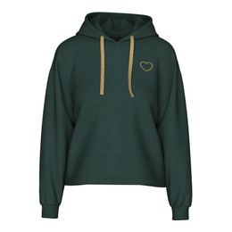 Kapuzensweatshirt Pieces "PCCHILLI LS HEART HOODIE NOOS BC", Damen, Gr. XS, gold (schwarzest spruce detail:gold heart), Sweatware, Obermaterial: 50% Baumwolle, 50% Polyester, unifarben, regular fit hüftlang, ohne Ausschnitt, Rippbündchen, Sweatshirts