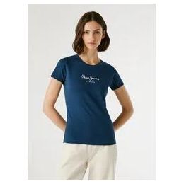 T-Shirt Pepe Jeans "NEW VIRGINIA", Damen, Gr. L/40, blau (navy 595), Single Jersey, Obermaterial: 95% Baumwolle, 5% Elasthan, bedruckt, figurumspielend hüftlang, Rundhals, Shirts, mit Logo-Print