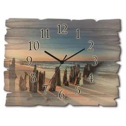 Wanduhr Artland "Holzuhr Sonnenuntergang Strand Wellenbrecher", braun, B:40cm H:30cm T:0,6cm, Wanduhren, wahlweise mit Quarz- oder Funkuhrwerk, lautlos ohne Tickgeräusche