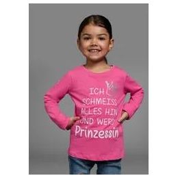 Langarmshirt Kidsworld "Ich schmeiss alles hin und werd ́ Prinzessin", M&auml;dchen, Gr. 104/110, pink, Jersey, Obermaterial: 100% Baumwolle, bedruckt, Basic h&uuml;ftlang, Rundhals, abgesteppte Kante, Shirts Langarmshirt, lang&auml;rmlig, Basic-Passform, mit Glitzerdruck