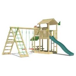 Spielturm Jungle Gym "Veranda", grün (dunkelgrün), Spieltürme, KinderB:454cm H:310cm T:437cm, Holzwerkstoff, Spielanlage mit Schaukel, Kletterbock und Rutsche mit Wasseranschluss, B:454cm H:310cm T:437cm