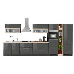 Küchenzeile KOCHSTATION "KS-Wien", grau (küche: grau, front: grau hochglanz, korpus: grafit, arbeitsplatte: eichefarben), B:430cm T:60cm, Komplettküchen-Sets, Küchenzeile, Breite 430 cm, wahlweise mit E-Geräten und Induktion
