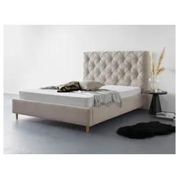 Polsterbett LEONIQUE "Louanne", beige (sand), B:198cm H:131cm L:221cm, Betten, mit schöner Knopfheftung im Rückenteil, inkl. Bettkasten
