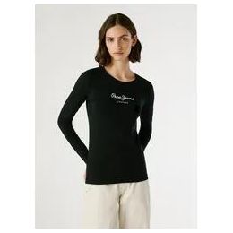 Langarmshirt Pepe Jeans "NEW VIRGINA L/S", Damen, Gr. XS/34, schwarz (schwarz 999), Single Jersey, Obermaterial: 95% Baumwolle, 5% Elasthan, bedruckt, figurbetont hüftlang, Rundhals, Shirts, mit Logo-Print