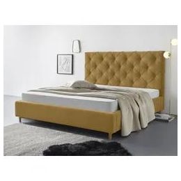 Polsterbett LEONIQUE "Louanne", gelb (senf), B:198cm H:131cm L:221cm, Betten, mit schöner Knopfheftung im Rückenteil, inkl. Bettkasten