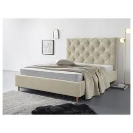 Polsterbett LEONIQUE "Louanne", beige (natur), B:174cm H:131cm L:221cm, Betten, mit schöner Knopfheftung im Rückenteil, inkl. Bettkasten