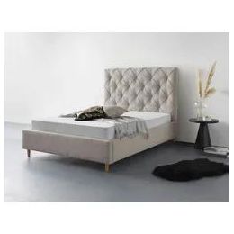 Polsterbett LEONIQUE "Louanne", beige (sand), B:155cm H:131cm L:210cm, Betten, mit schöner Knopfheftung im Rückenteil, inkl. Bettkasten