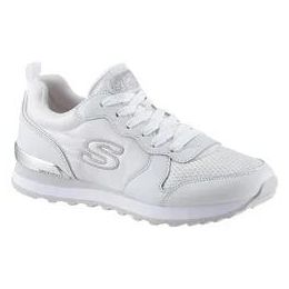 Sneaker Skechers "Gold ́n Gurl", Damen, Gr. 35, weiß (weiß, silberfarben), Leder, Synthetik, Textil, Schuhe Modernsneaker Sneaker low, Freizeitschuh, Halbschuh, Schnürschuh mit Metallic-Details