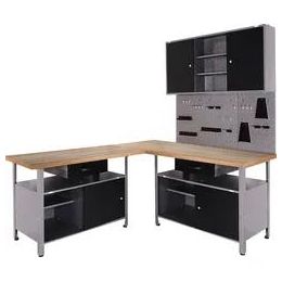 Werkstatt-Set ONDIS24, schwarz (schwarz, anthrazit), B:120cm H:205cm T:60cm, Metall, Werkbänke, mit 2 Werkbänken, Werkzeugschrank & Lochwand