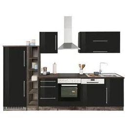 Küchenzeile KOCHSTATION "KS-Samos", schwarz (küche: schwarz, front: schwarz hochglanz, korpus: eiche vintage, arbeitsplatte: eiche vintage), B:310cm H:200cm T:60cm, Komplettküchen-Sets, Küchenzeile, Breite 310 cm, wahlweise mit E-Geräten, mit Arbeitsplatte