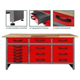 Werkbank ONDIS24 "Konny", rot, B:160cm H:85cm T:60cm, Edelstahl, Werkbänke