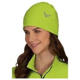 Strickmütze TRIGEMA "TRIGEMA Mütze mit reflektierendem Logo", Damen, gelb (lemon), 92% Polyester, 8% Elastan, Basic, Mützen