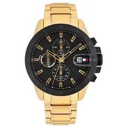 Multifunktionsuhr Tommy Hilfiger "JAMESON", gold (goldfarben, schwarz), Armbanduhren, Damen, Quarzuhr, Armbanduhr, Herrenuhr, Edelstahlarmband, analog, Tag