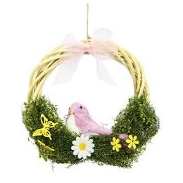 Kunstkranz I.GE.A. "Mit Blüten, Vogel und Schleife", rosa, B:20cm H:20cm L:5cm, Kunstpflanzen, aus Rattan, Türkranz