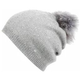 Bommelmütze Capelli New York, Damen, grau (hellgrau), Feinstrick, Materialmix, unifarben, Mützen, mit Fellbommel-Akzent
