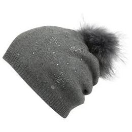 Bommelmütze Capelli New York, Damen, grau (dunkelgrau), Feinstrick, Materialmix, unifarben, Mützen, mit Fellbommel-Akzent