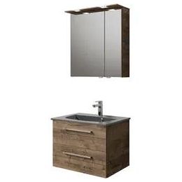 Badmöbel-Set SAPHIR "Serie 6025 2-teilig Mineralmarmor-Waschtisch mit LED-Spiegelschrank", braun (eiche ribbeck quer nb), B:67cm H:200cm T:48cm, Spanplatte, Kastenmöbel-Sets, Waschplatz 67 cm breit, 2 Schubladen, 2 Spiegel-Türen, inkl Türdämpfer