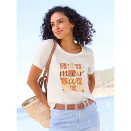 WITT Damen Kurzarmshirt mit glänzendem Druck-Motiv, ecru-papaya, Größe 38