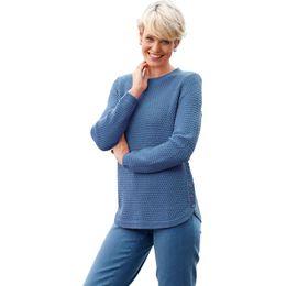 Damen Langarm-Pullover mit Zierkn&ouml;pfen am Saum mittelblau, Gr&ouml;&szlig;e 56