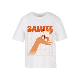 Miss Tee T-Shirt 'Saluti A Tutti' Damen Gr&ouml;&szlig;e 4XL hellbeige / dunkelorange / wei&szlig;