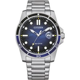 Solaruhr Citizen, silber (silberfarben, dunkelblau), Armbanduhren, Herren, Armbanduhr, Herrenuhr, Edelstahlarmband, bis 10 bar wasserdicht, Datum