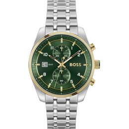 Chronograph BOSS "SKYTRAVELLER", silber (silberfarben, dunkelgrün), Armbanduhren, Herren, Quarzuhr, Herrenuhr, Armbanduhr, Stoppfunktion, Edelstahlarmband