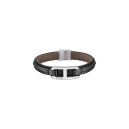 Lederarmband BOSS "KODE", edelstahlfarben, schwarz, Armbänder, Damen, 19cm, Edelstahl Leder, Edelstahl, Leder