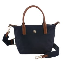 Tragetasche Tommy Hilfiger "POPETTE MINI TOTE", Damen, Gr. B/H/T: 30cm x 18,5cm x 14cm, blau (dunkelblau), Leder, Nylon, Taschen, Damen Umhängetasche, Minibag mit abnehmbarem Umhängeriemen