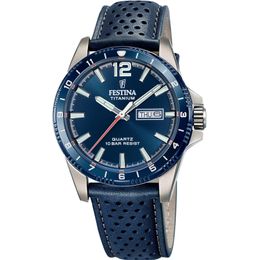 Quarzuhr Festina "Calendario Titanium", blau (blau, blau), Armbanduhren, Herren, Armbanduhr, Herrenuhr, Lederarmband, analog, Tag, Wochentag