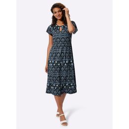 Jerseykleid Inspirationen "Jersey-Kleid", Damen, Gr. 36, Normalgrößen, blau (jeansblau, schwarz, bedruckt), Jersey, 95% Viskose, 5% Elasthan, bedruckt, geblümt, gemustert, mehrfarbig, wadenlang, Rundhals, Kleider Jerseykleid