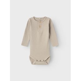 Langarmbody name it "NBMKAB LS BODY NOOS", Baby, Gr. 56, N-Gr, beige (pure cashmere), Feinripp, Obermaterial: 57% Baumwolle, 38% Modal, 5% Elasthan, unifarben, regular fit, Rundhals, Bodys