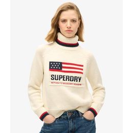 Superdry Damen Creme, Rot und Blau Americana Strickpullover mit Rollkragen Logo-Druck, Gr&ouml;&szlig;e: 44 210322750060639E025