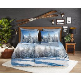 Wendebettwäsche Good Morning "Albert", blau, B/L: 155cm x 220cm, 1 Stk., 1 Stk., Flanell, B/L: 80cm x 80cm, 2 Stk., Flanell, Obermaterial: 100% Baumwolle, Bettwäsche, Flanell, Biber, Winter, Warm, Reißverschluss, Wendeoptik, Schnee