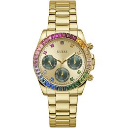 Multifunktionsuhr Guess "HALO", gold (gelbgoldfarben), Armbanduhren, Damen, Quarzuhr, Armbanduhr, Damenuhr, Datum, 12/24-Std.-Anzeige