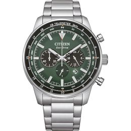 Chronograph Citizen, silber (silberfarben, grün), Armbanduhren, Herren, Armbanduhr, Herrenuhr, Solar, Stoppfunktion, Edelstahlarmband