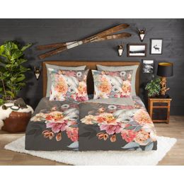 Wendebettwäsche Good Morning "Rhode", grau, B/L: 155cm x 220cm, 1 Stk., 1 Stk., Flanell, B/L: 80cm x 80cm, 2 Stk., Flanell, Obermaterial: 100% Baumwolle, Bettwäsche, Flanell, Biber, Winter, Warm, Reißverschluss, Wendeoptik, Blume