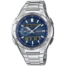 Funkchronograph CASIO FUNK, blau (silberfarben), Armbanduhren, Herren, Solaruhr, Armbanduhr, Digitaluhr,Edelstahlarmband, bis 10 bar wasserd.