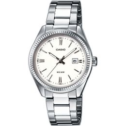 Quarzuhr, silber (silberfarben, weiß), CASIO TIMELESS COLLECTION, Armbanduhren, Damen, Armbanduhr, Damenuhr, analog, Datum, Edelstahlarmband