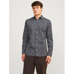 Jack & Jones Langarmhemd JACK & JONES "JPRBLABLACKPOOL STRETCH LS SHIRT SN", Herren, Gr. M, N-Gr, blau (night sky fit:slim fit), Web, Obermaterial: 96% Baumwolle, 4% Elasthan, gemustert, slim fit, Hemden