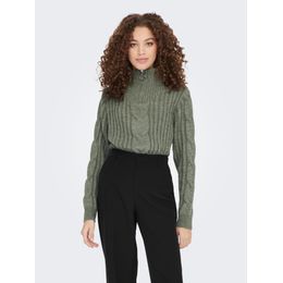 Jacqueline de Yong Stehkragenpullover JDY "JDYANDREA L/S ZIP CABLE PULLOVE KNT NOOS", Damen, Gr. M, grün (kalamata detail:melange), Strick, Obermaterial: 76% Polyacryl, 21% Polyester, 3% Elasthan, Strukturmuster, Zopfmuster, meliert, unifarben, hüftlang, hoch geschlossener Ausschnitt, Pullover