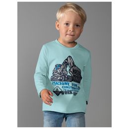 Longsleeve TRIGEMA "TRIGEMA Langarmshirt mit großem Bagger-Print", Jungen, Gr. 116, gletscher, 100% Baumwolle, Basic, Shirts