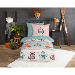 Kinderbettwäsche Good Morning "Turr", bunt, B/L: 135cm x 200cm, 1 Stk., 1 Stk., Flanell, B/L: 80cm x 80cm, 2 Stk., Flanell, Obermaterial: 100% Baumwolle, Bettwäsche, Flanell Biber, 135x200, Warm, Reißverschluss, Wende, Kind, Winter