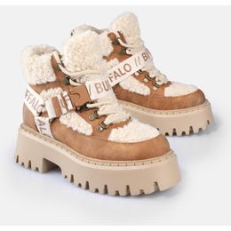 Plateaustiefelette Buffalo "Aspen Com Mid Warm", Damen, Gr. 37, beige, braun, Nubuklederimitat, Textil, Schuhe, Winterboots, Schnürboots, Stiefelette mit kuscheligem Warmfutter