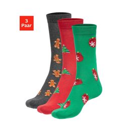 Socken John Devin, Damen, Gr. 39-42, bunt (1x rot, 1x grün, 1x anthrazit), Baumwolle, Elasthan, Polyamid, gemustert, normal, Socken, mit unterschiedlichen Weihnachtsmotiven