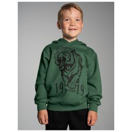 Kapuzensweatshirt TRIGEMA "TRIGEMA Hoodie mit großem Tiger-Printmotiv", Kinder, Gr. 116, efeu, 70% Baumwolle, 30% Polyester, Basic, Sweatshirts