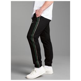 Jerseyhose TRIGEMA "TRIGEMA Jogginghose mit Seitenstreifen", Herren, Gr. L, US-Größen, schwarz, 70% Baumwolle, 30% Polyester, Basic, Hosen